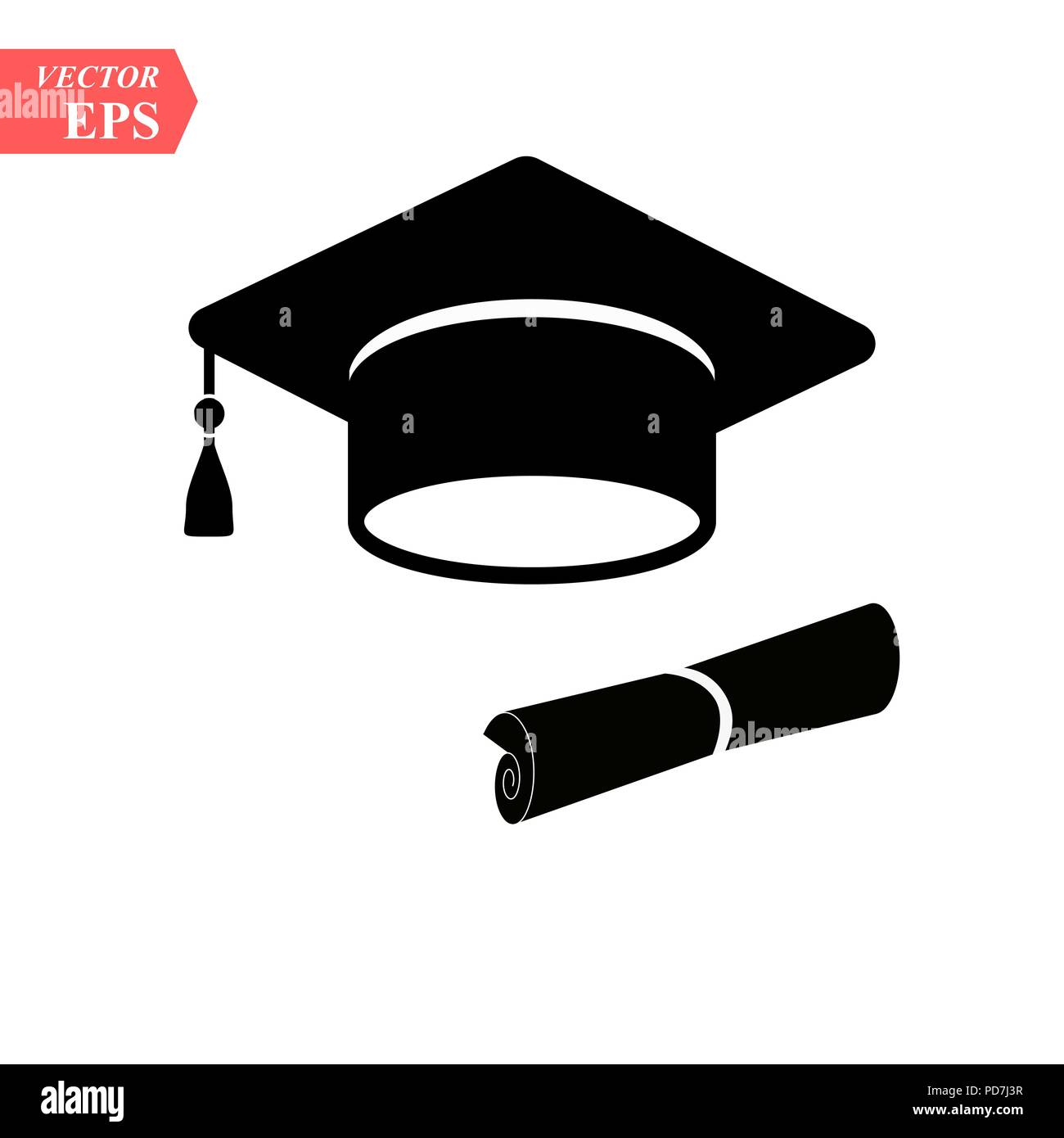 graduation cap and diploma black web icon. vector illustration Stock ...
