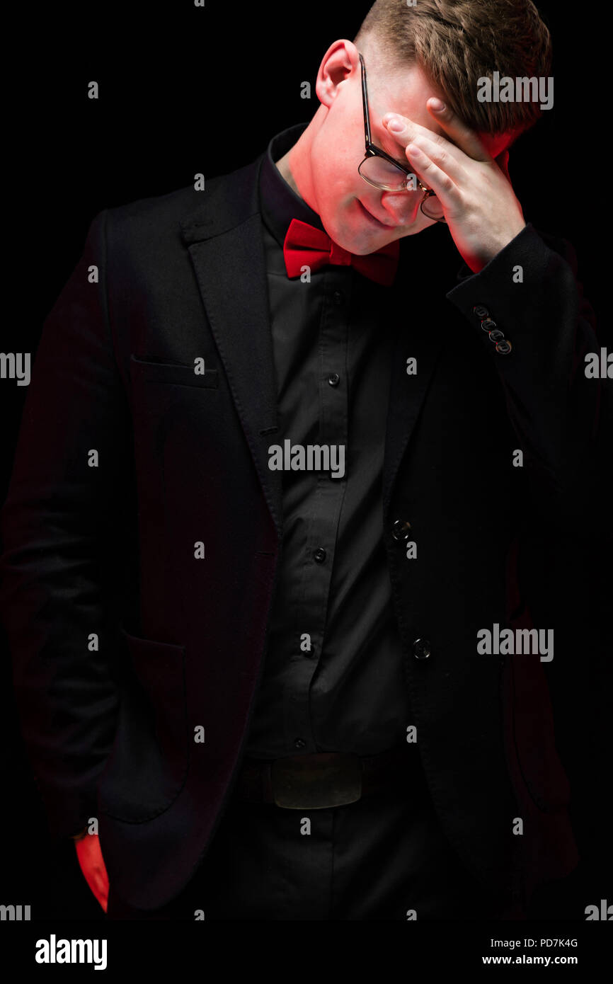 Portrait of confident handsome sad elegant responsible businessman ...