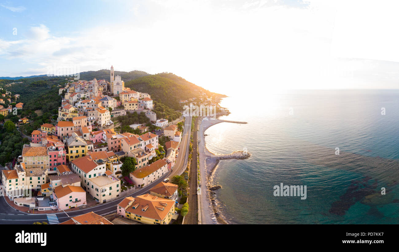 Aerial view Cervo medieval town on the mediterranean coast, Liguria ...