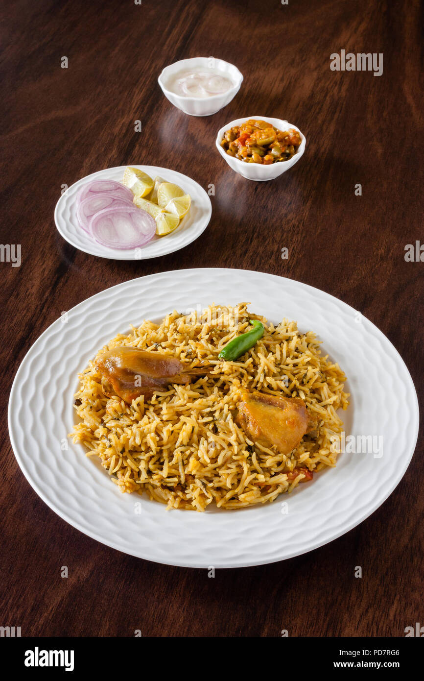 Overhead view from the top of delicious Indian chicken biryani served ...