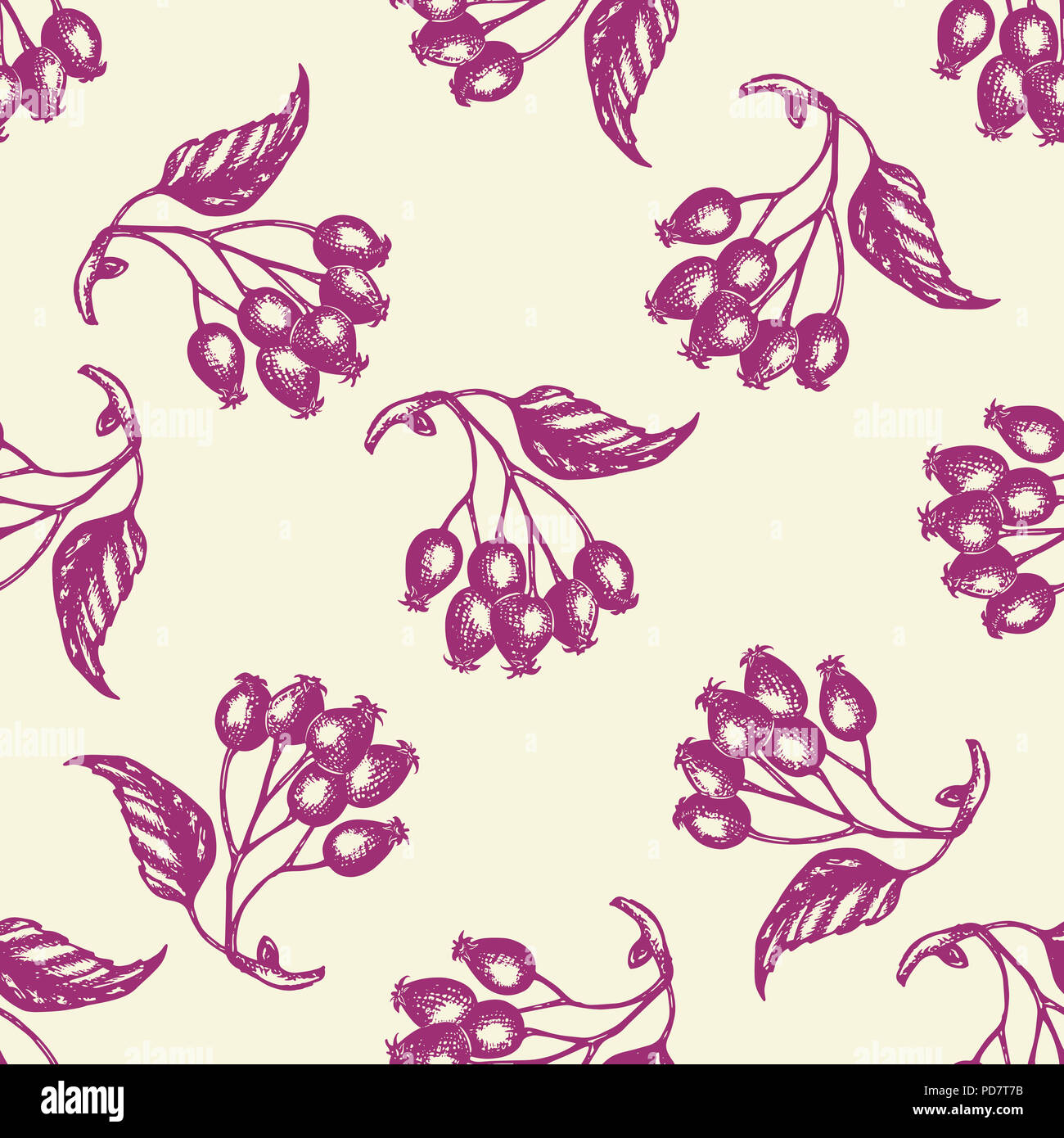 Autumn seamless pattern with berries and leaves. Hand drawn seasonal ...
