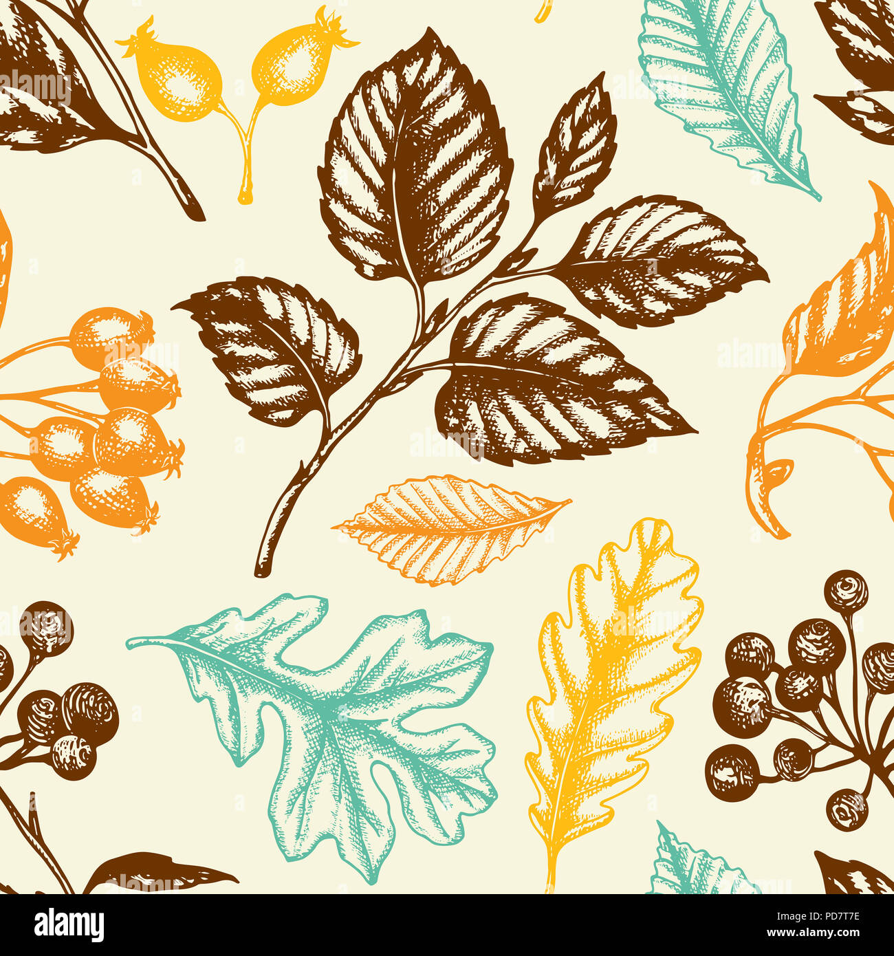 Autumn seamless pattern with berries and falling leaves. Hand drawn ...