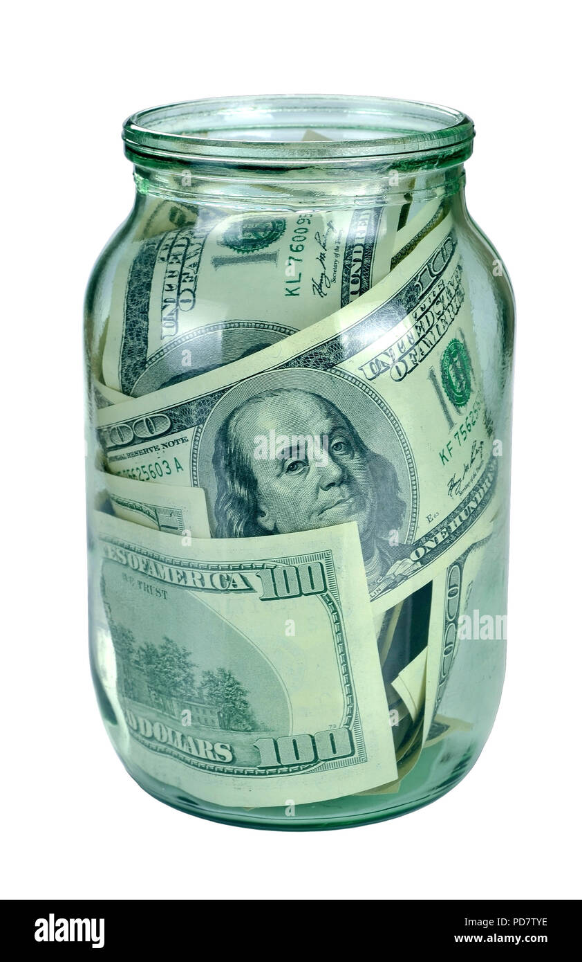 Canned money. Dollar banknotes inside glass jar Stock Photo - Alamy