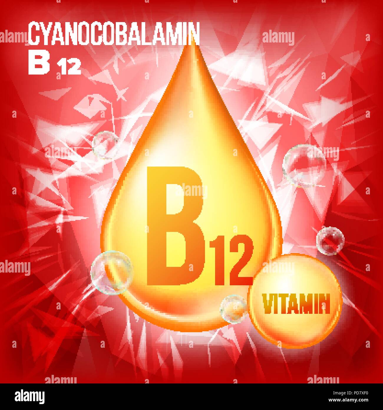 Vitamin B12 Cyanocobalamin Vector. Vitamin Gold Oil Drop Icon. Organic ...