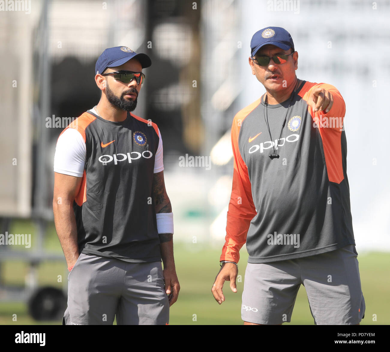 India's Virat Kohli (left) and Head Coach Ravi Shastri during the nets session at Lordâ€™s ...