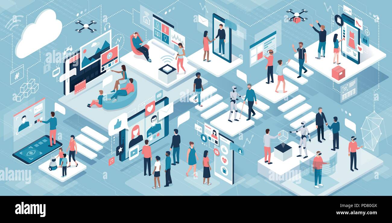 Innovative technology and lifestyle: people using touch screen interfaces, virtual reality and ...