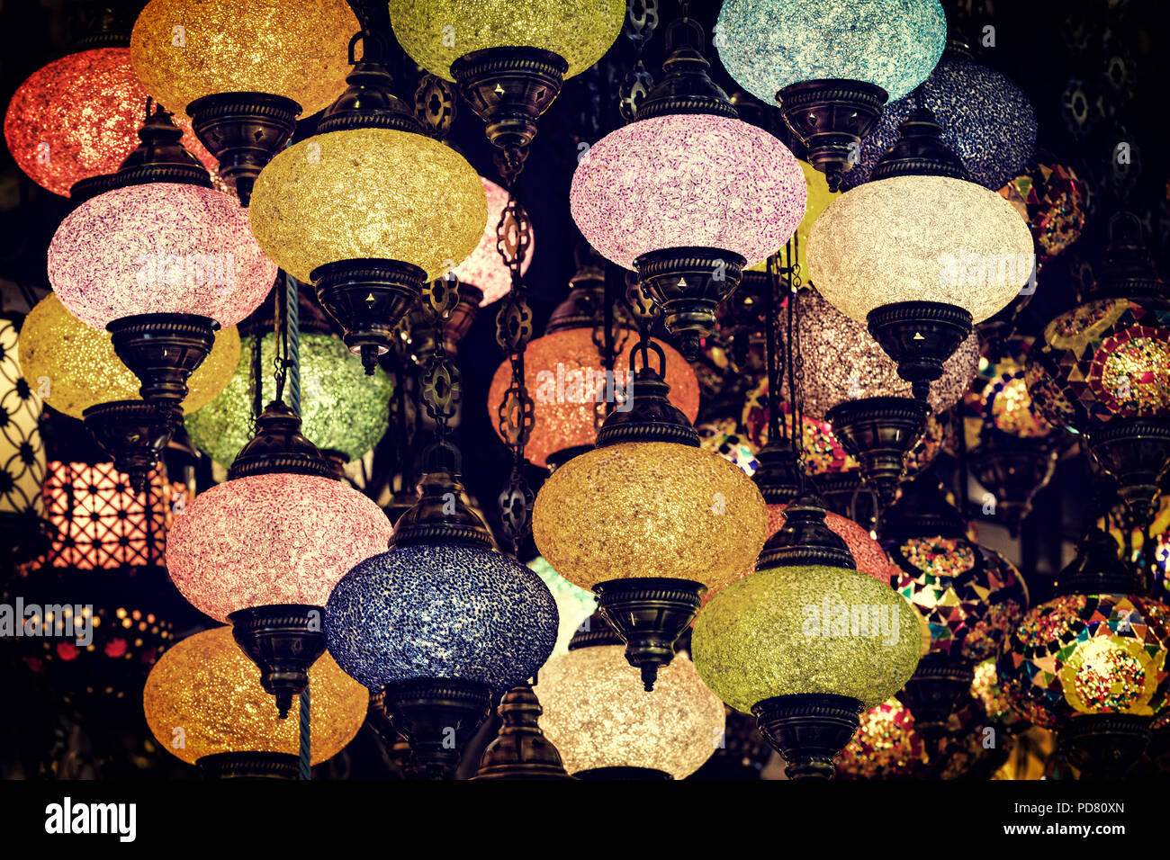 Traditional Asian lanterns of colored glass on the market Stock Photo ...