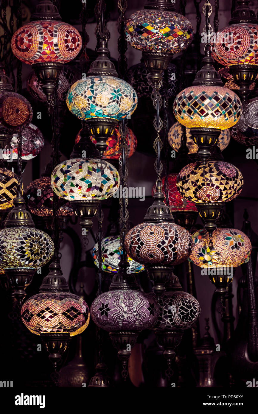 Traditional Asian lanterns of colored glass on the market Stock Photo ...