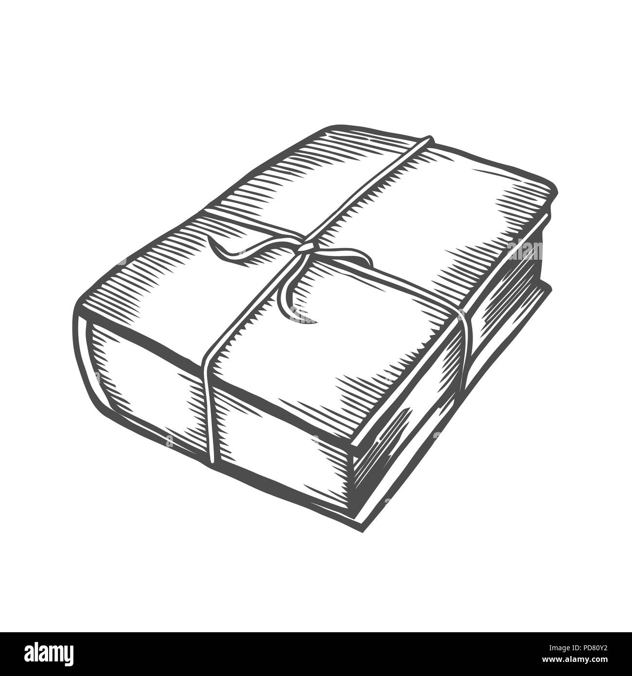Hand drawn vector illustration of old book tied with an old rope Stock ...