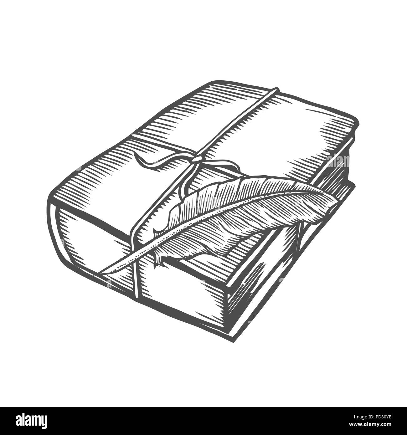 Hand drawn vector illustration of old book tied with goose feather for ...