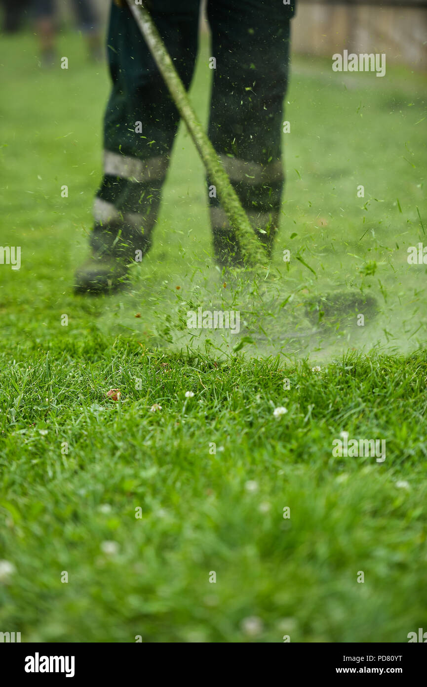 Law mower man trimming grass in the city Stock Photo - Alamy