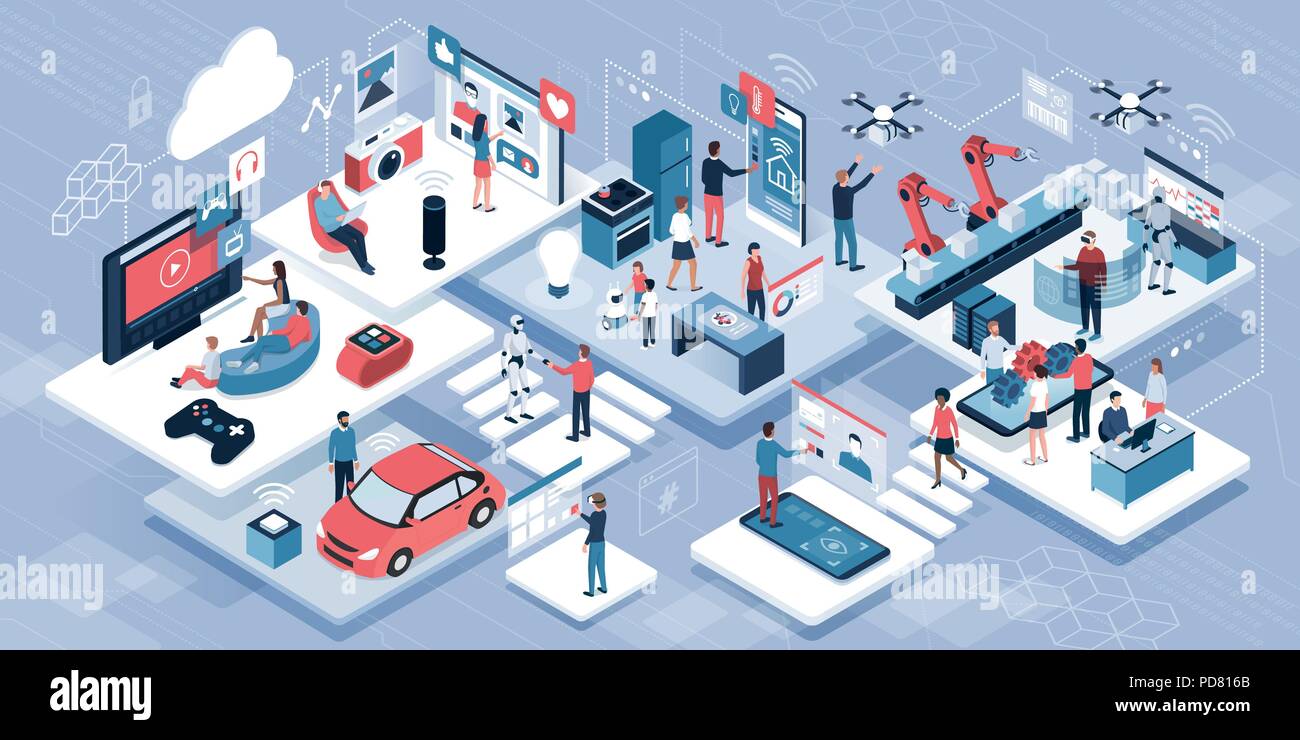 Blockchain, internet of things and lifestyle: people using connected devices and touch screen ...