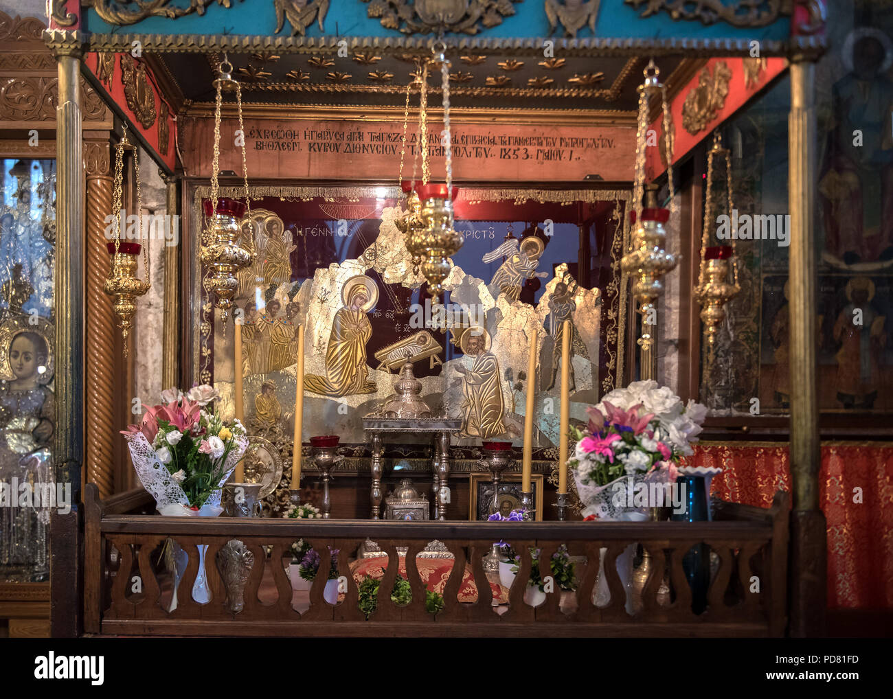 Bethlehem May 20 2018: Orthodox shrine ofthe Nativity, depicting the ...