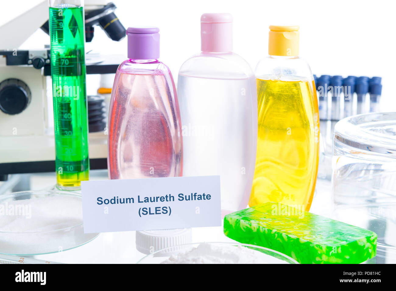 Noxious additives in cosmetics. Laboratory with chemical substances ...