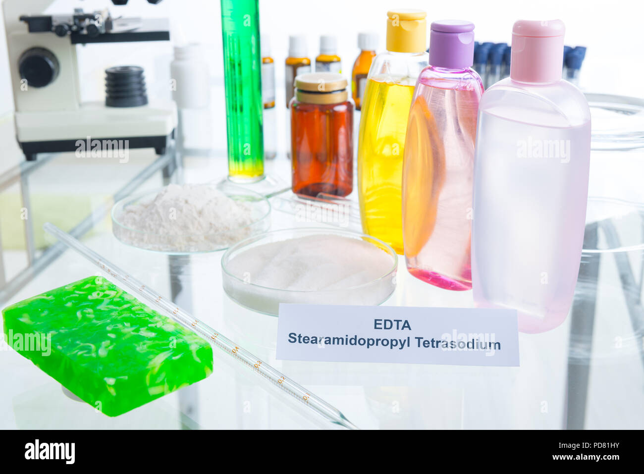 Noxious additives in cosmetics. Laboratory with chemical substances ...