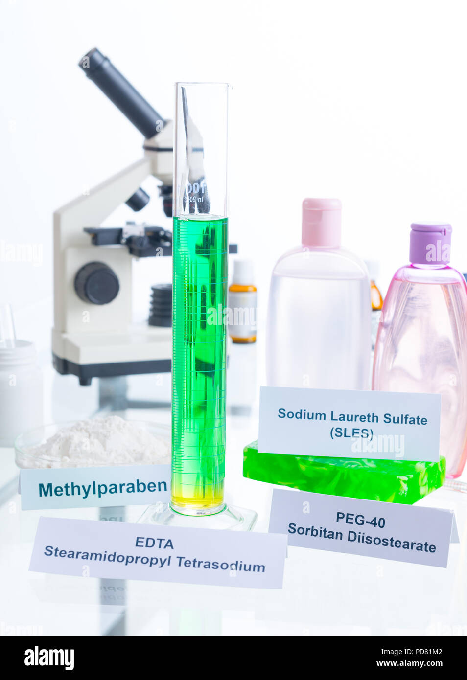 Noxious additives in cosmetics. Laboratory with chemical substances ...