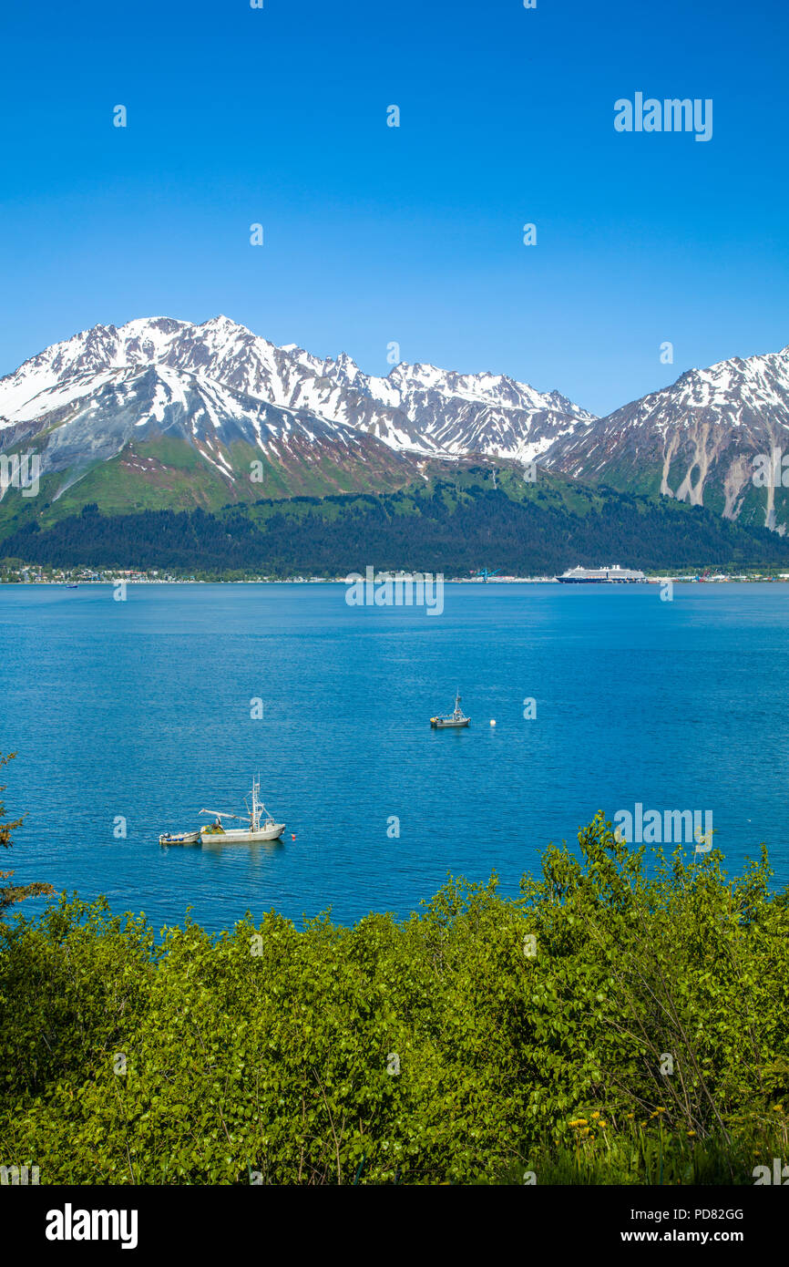 Looking across Resurrection Bay at Seward and the Kenai Mountains on ...