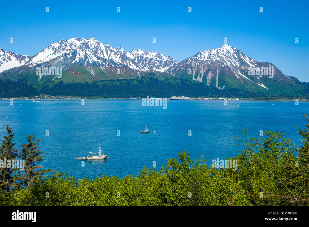 Looking across Resurrection Bay at Seward and the Kenai Mountains on ...