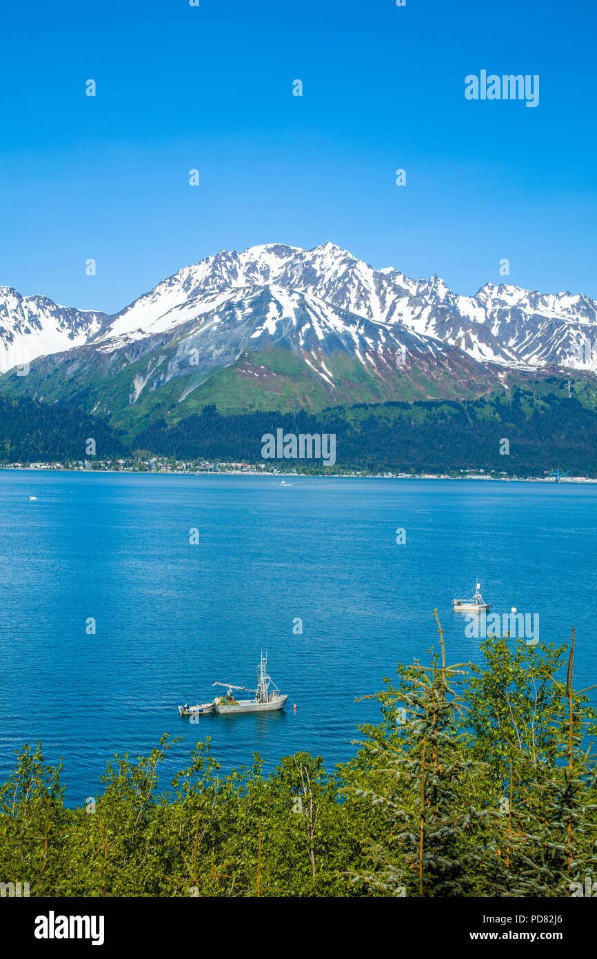 Looking across Resurrection Bay at Seward and the Kenai Mountains on ...