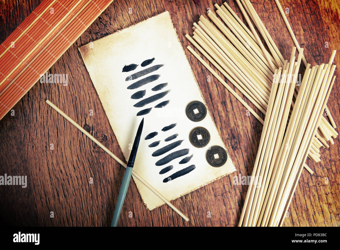 I ching ancient Chinese oracle with Yijing hexagram, old coins and ...