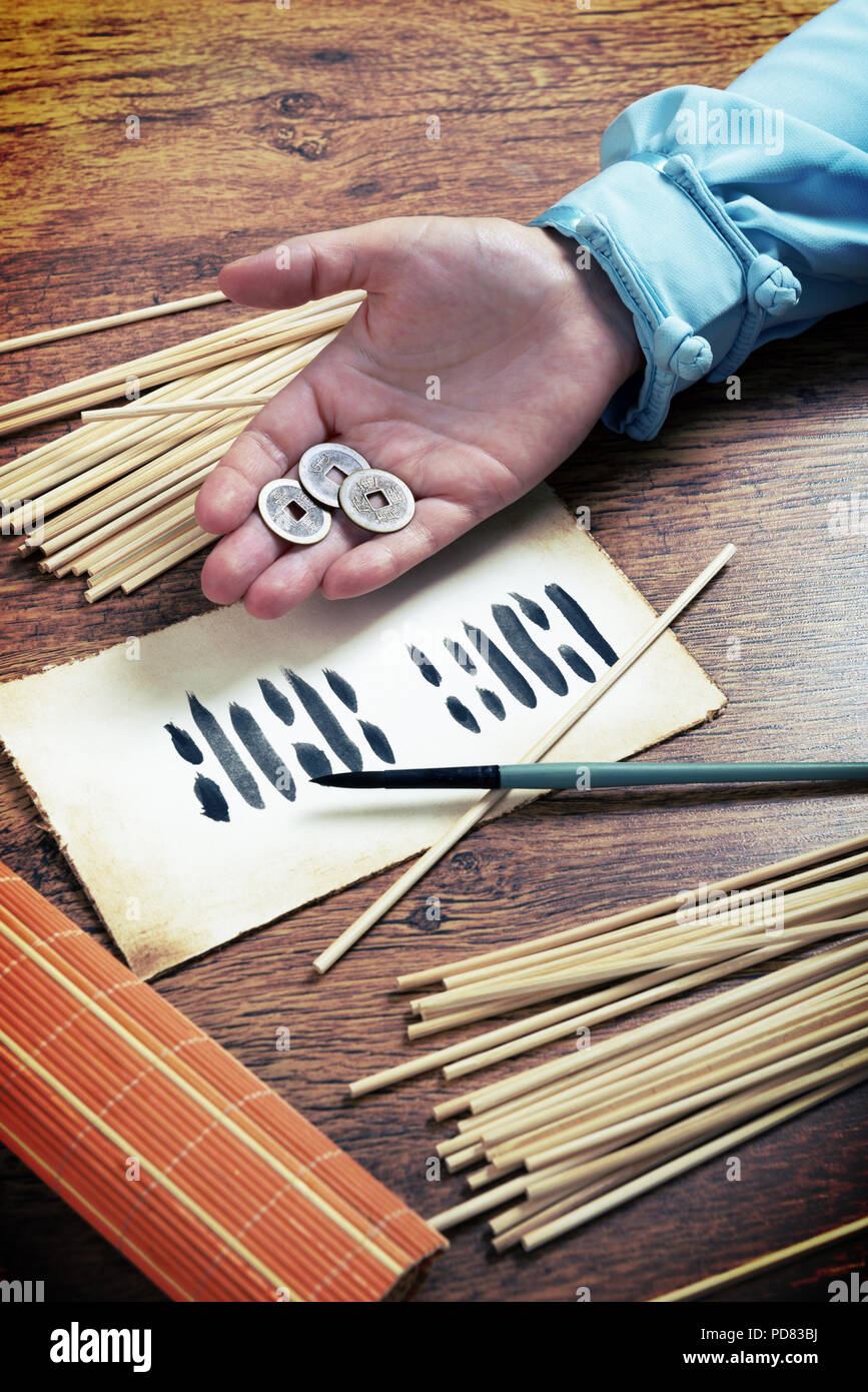I ching ancient Chinese oracle with Yijing hexagram, old coins and ...