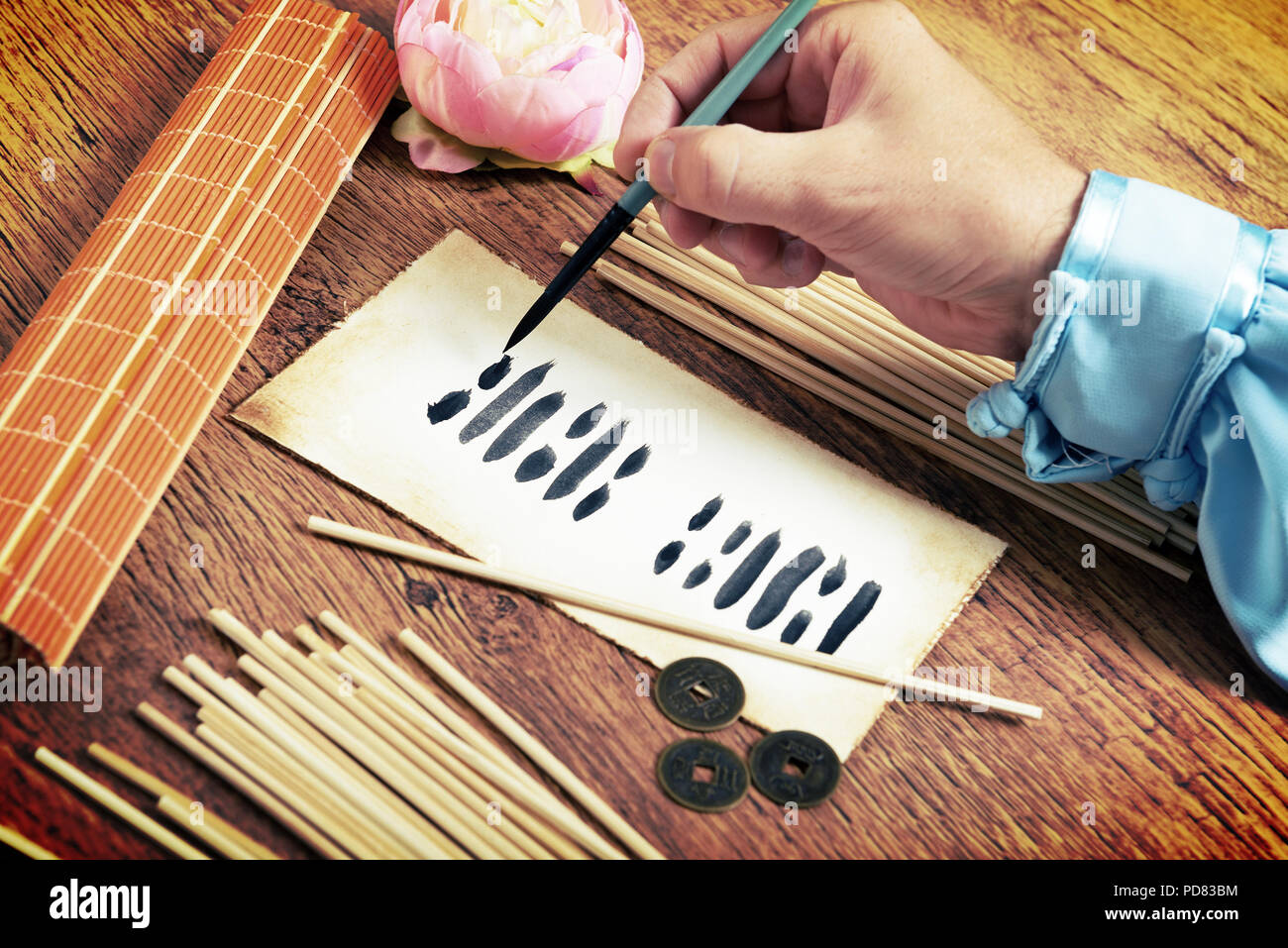 I ching ancient Chinese oracle with Yijing hexagram, old coins and ...