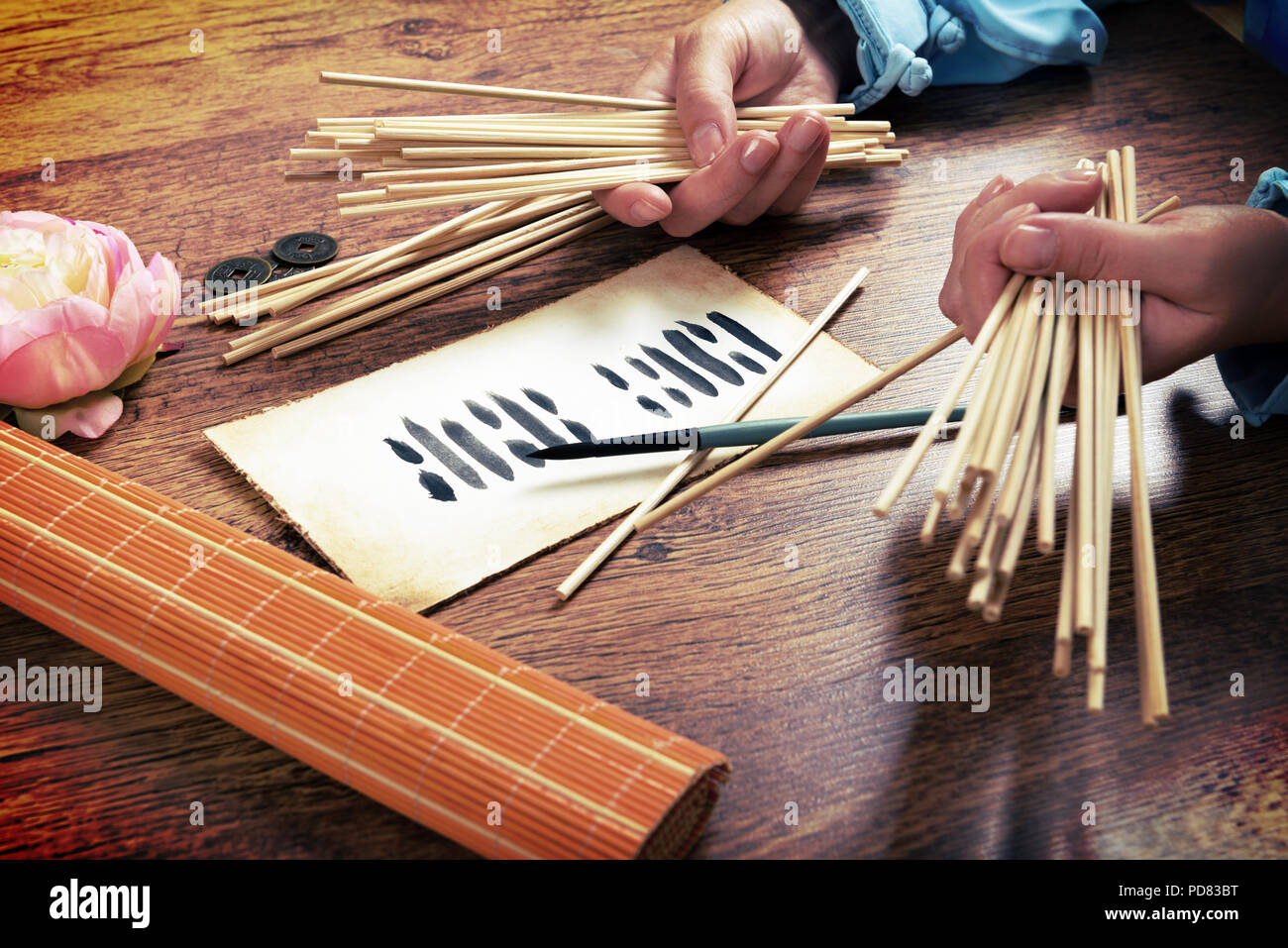 I ching ancient Chinese oracle with Yijing hexagram, old coins and ...