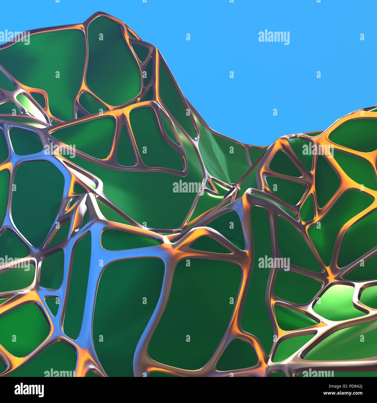 Abstract 3d rendering of chaotic green landscape structure with golden ...