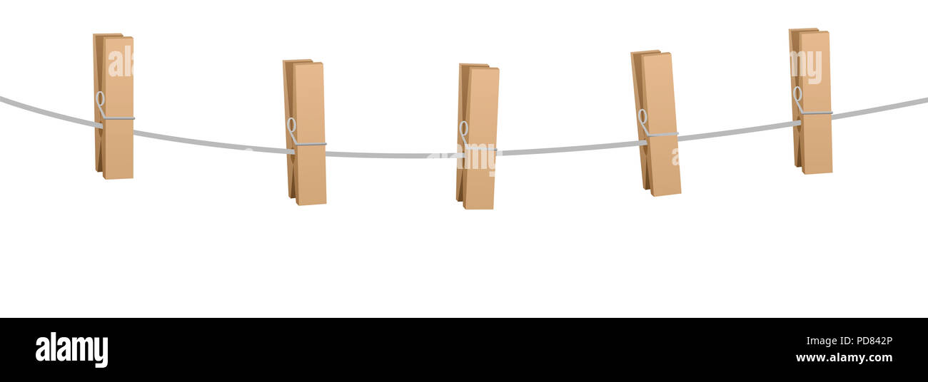 Five clothes pins on a clothes line rope - wooden pegs holding nothing ...