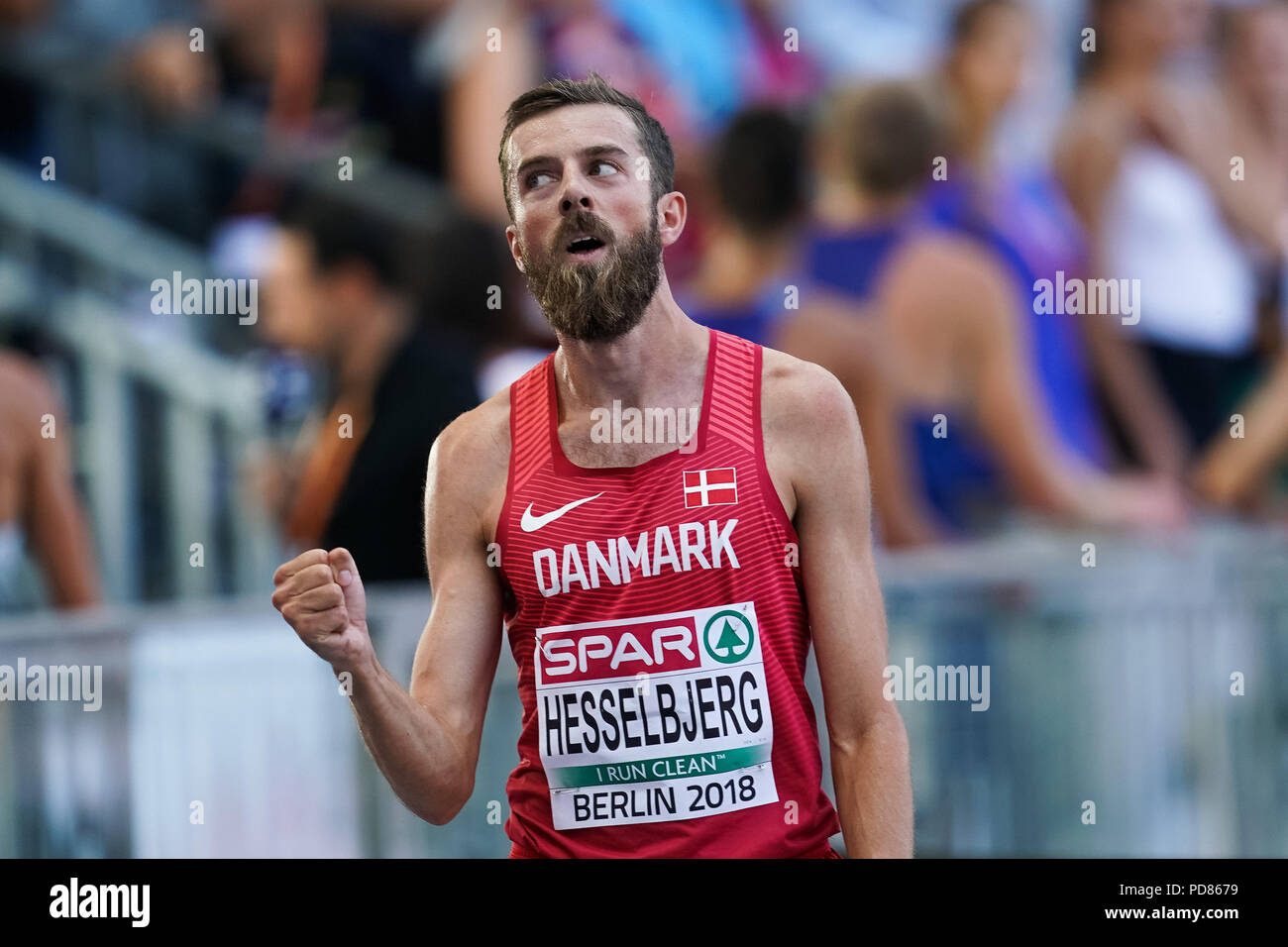 August 7, 2018: Ole Hesslbjerg celebrating season best after 3000m Steeple chase for Men at the ...