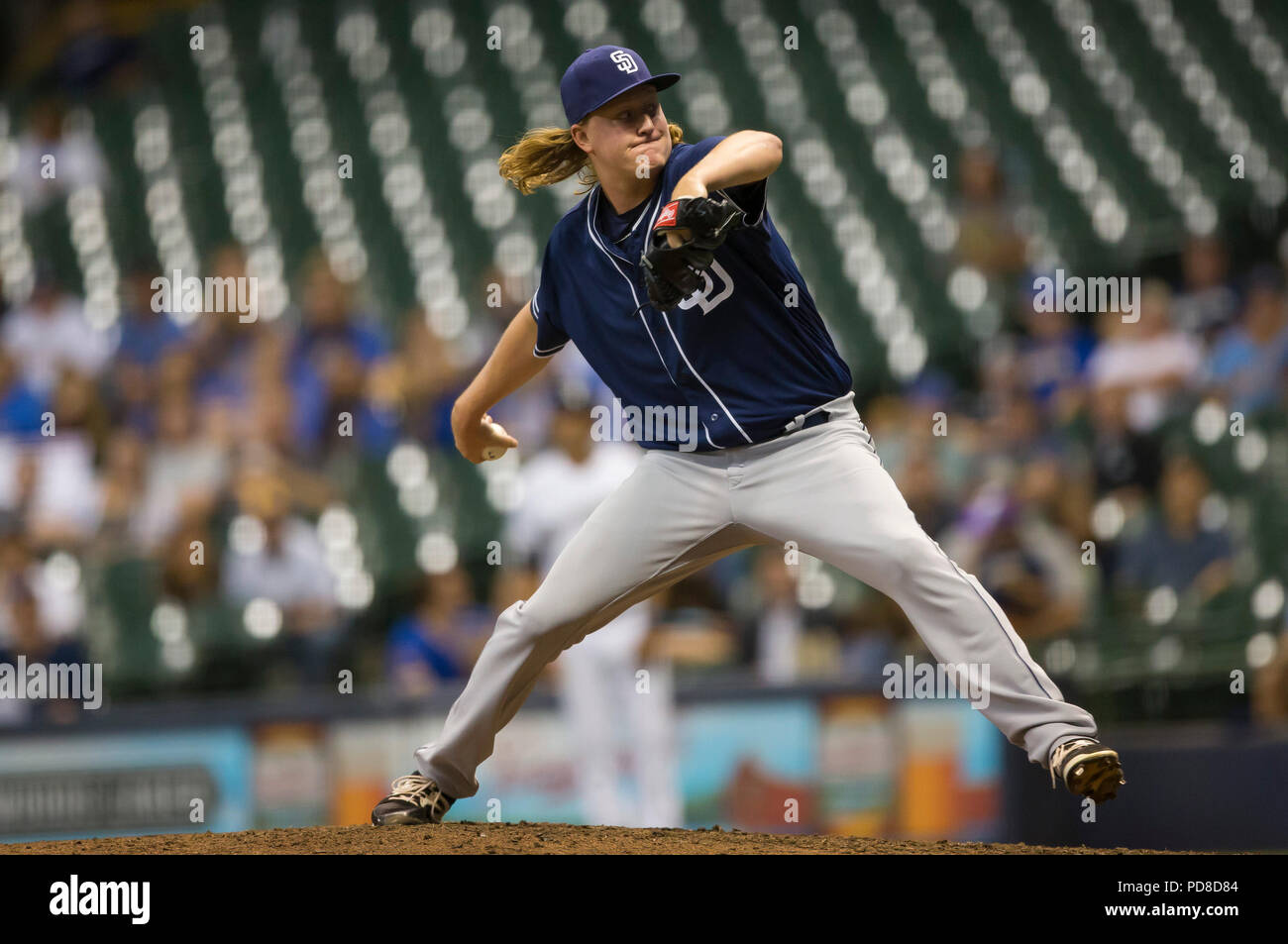 Milwaukee, USA. August 7, 2018: San Diego Padres relief pitcher Trey ...
