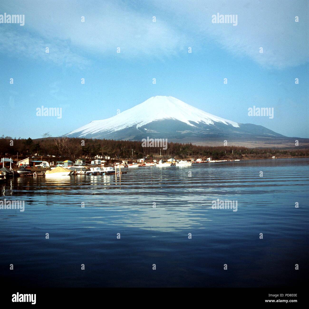 View over the Yamanaka Lake on the snow-covered Chubu on Honshu Island ...