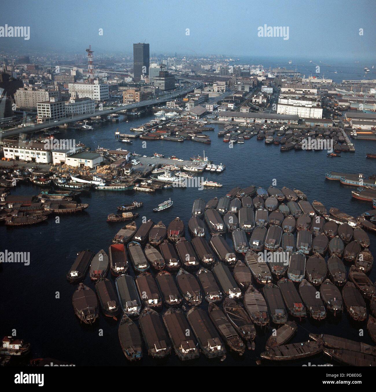 View of the harbor of the Japanese city of Kobe on the island of Honshu ...