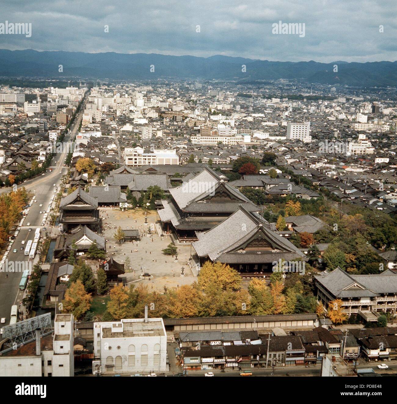 View of the Higashi Honganji Temple and Kyoto's centre, Japan. Undated ...
