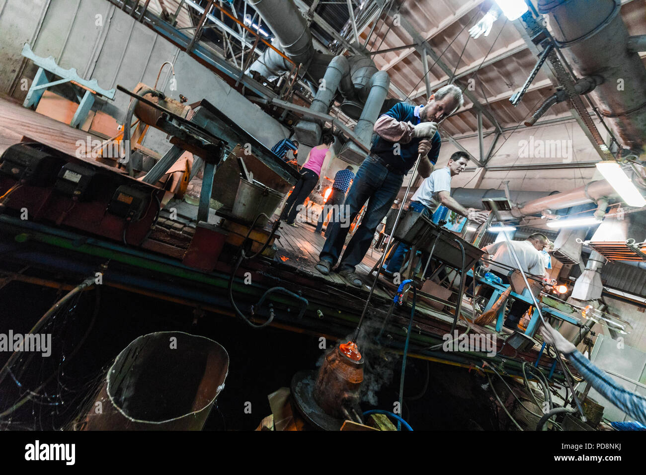 Minsk, Belarus - February 01, 2018: Glass factory workers on production ...