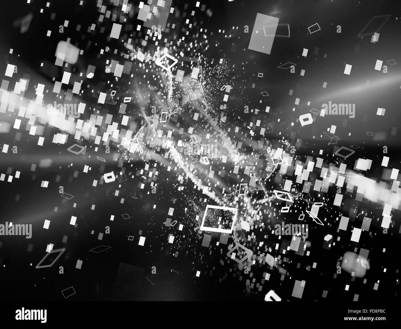 New technology explosion, flying squares with plasma in space. Computer ...