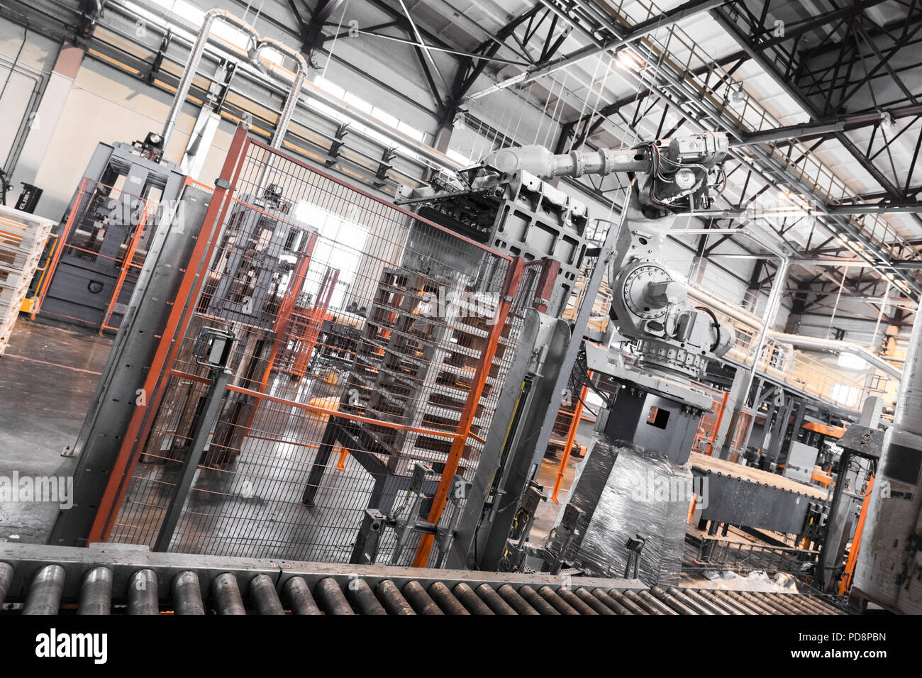 Fiberglass production industry equipment at manufacture background ...