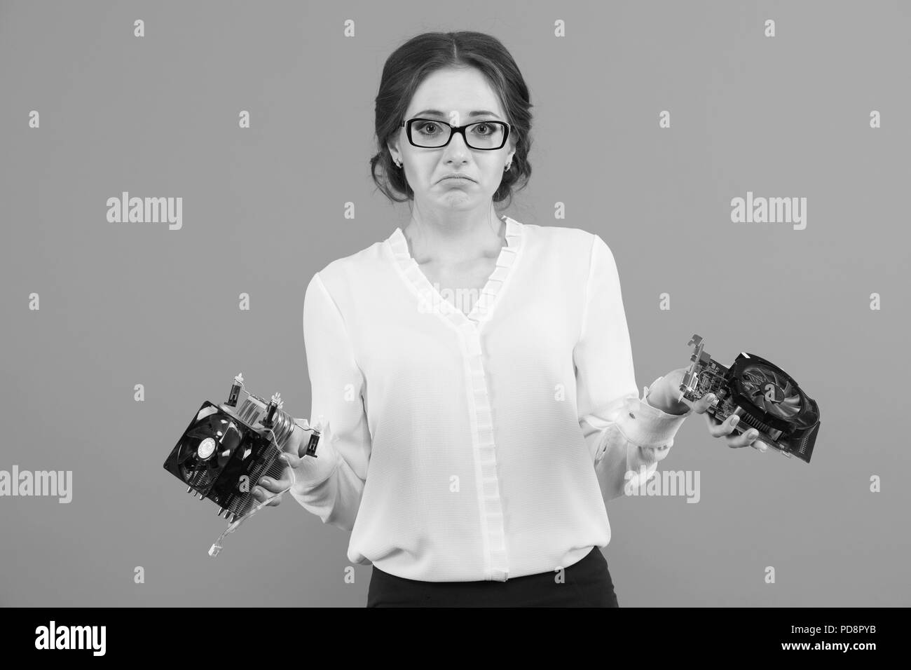 Portrait of confident beautiful puzzled confused young business woman ...