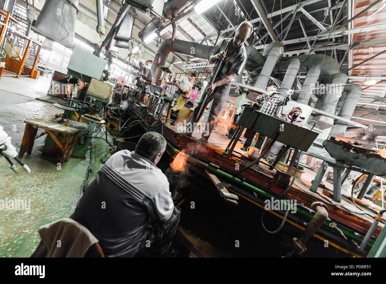 Minsk, Belarus - February 01, 2018: Glass factory workers on production ...