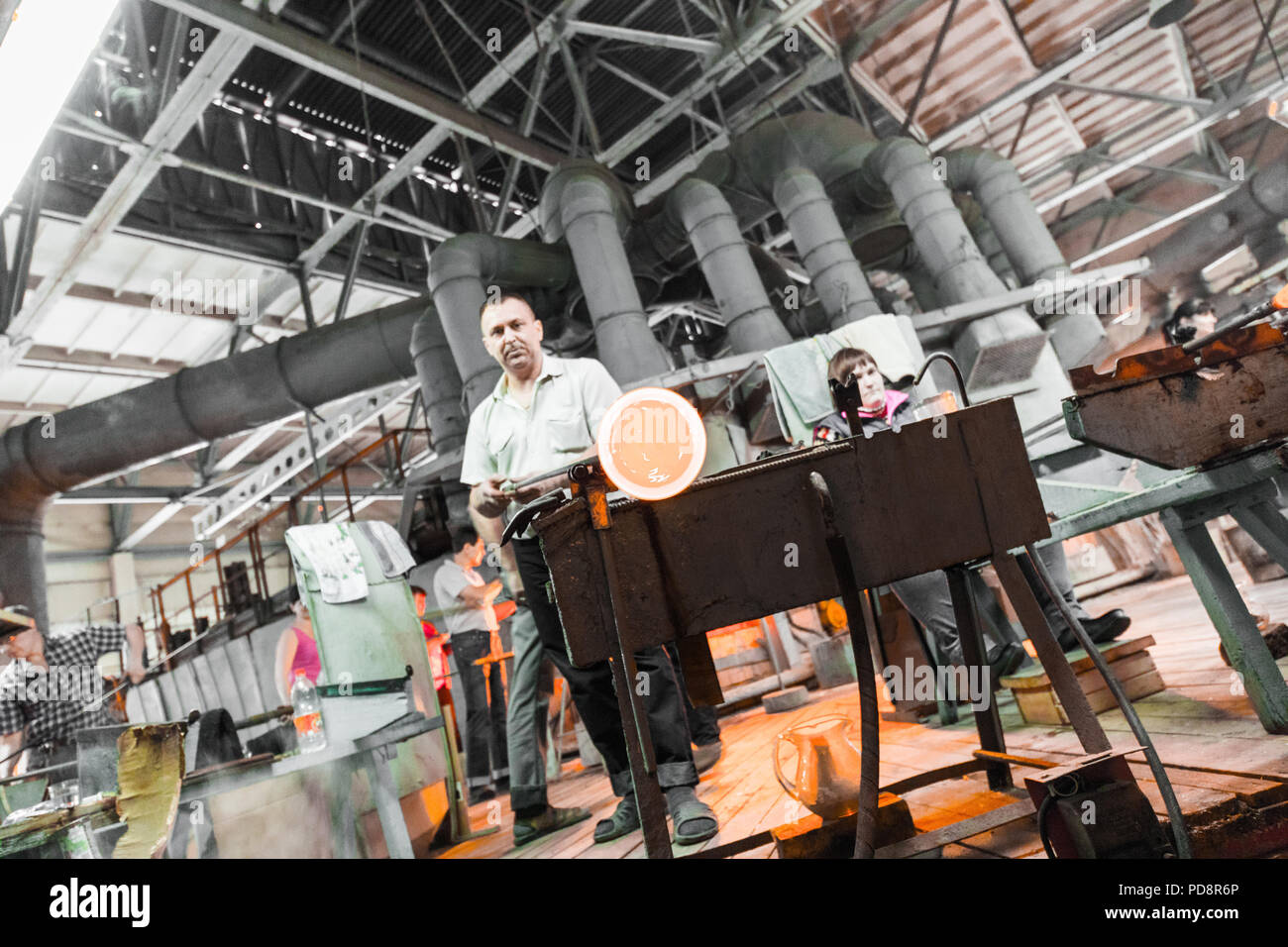 Minsk, Belarus - February 01, 2018: Glass factory workers on production ...