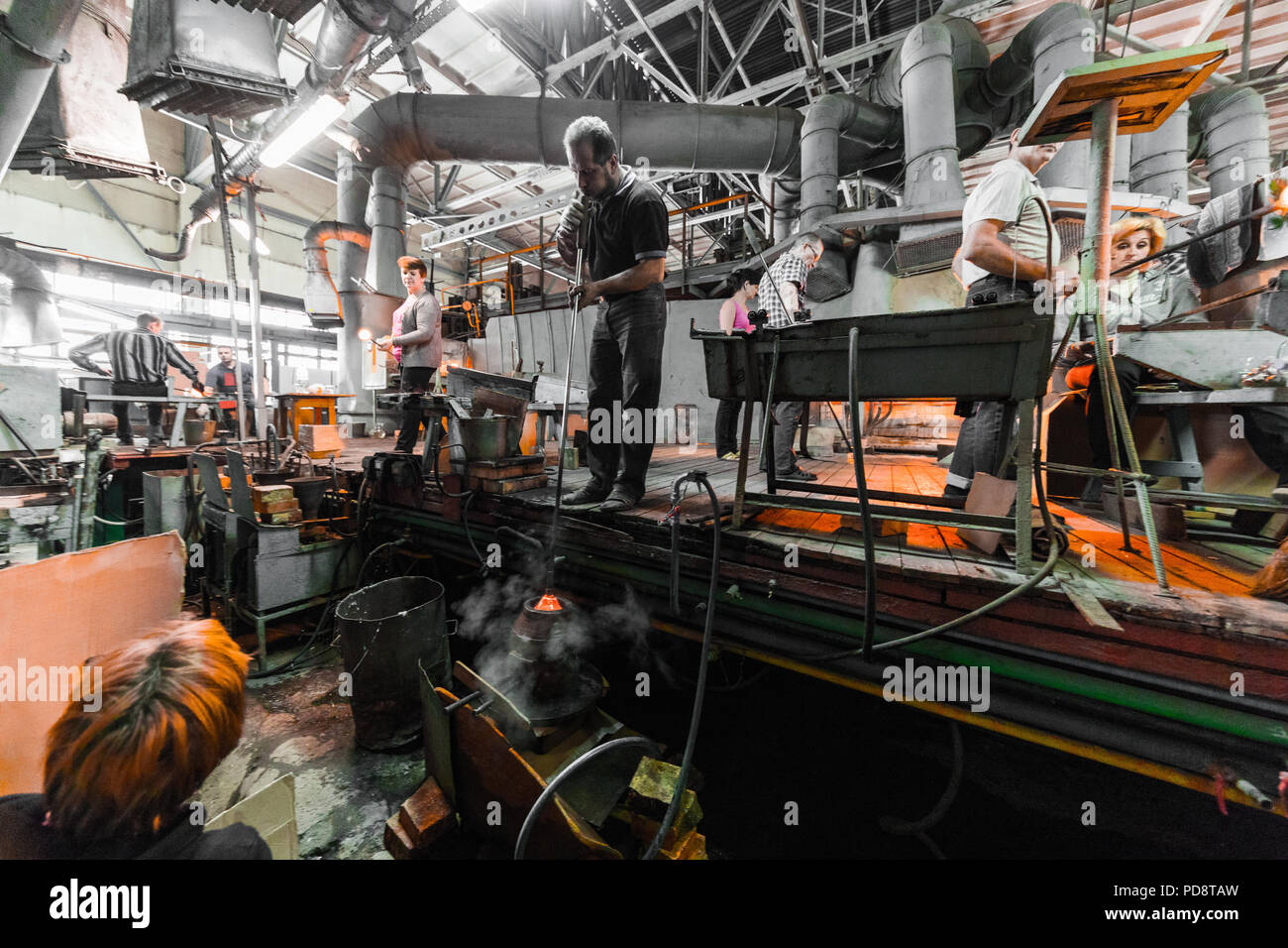 Production of glass at manufacture factory industry background Stock ...