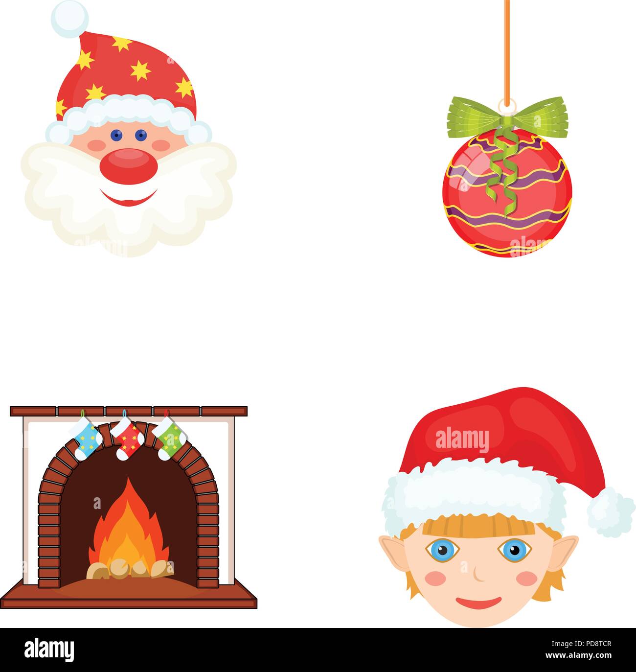 Santa Claus, dwarf, fireplace and decoration cartoon icons in set ...