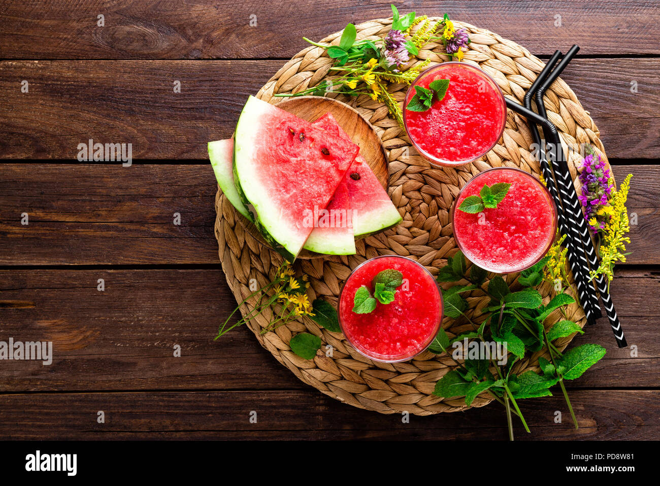 Watermelon smoothie. Watermelon drink, cocktail on wooden rustic ...