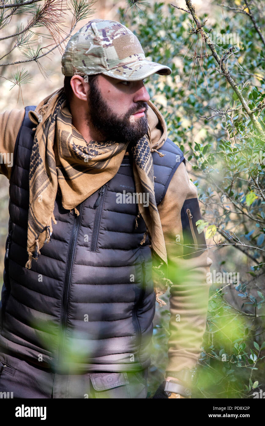 male mondel with tactical wear, in forest Stock Photo - Alamy