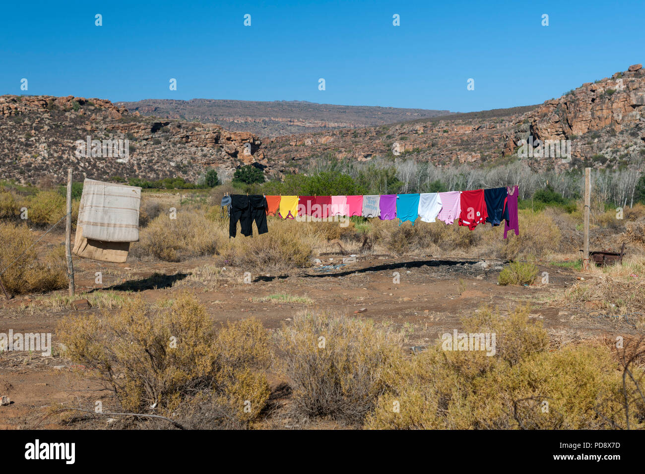 Washing drying outside a house in the Biedouw Valley in the Cederberg ...