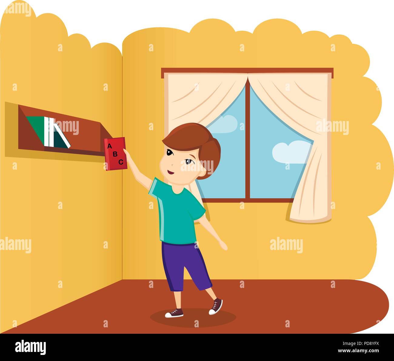 Boy with book in room, illustration, vector. A child with a book. First ...