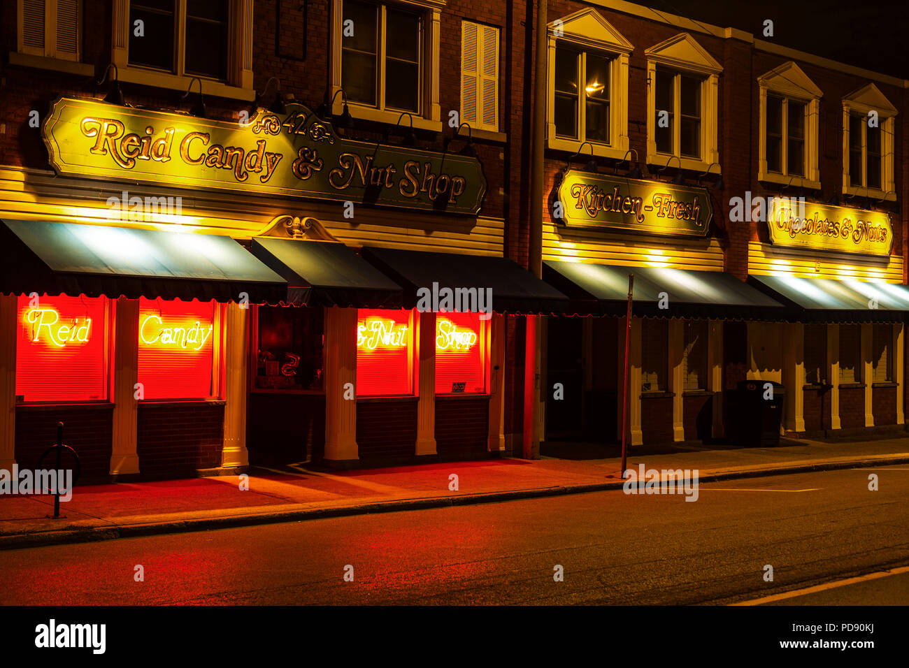 Reid Candy & Nut Shop downtown Cambridge (Galt) Ontario Canada at night ...