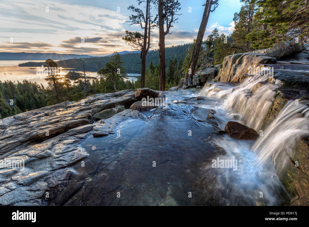 Colorful sunrise on Emerald Bay from the top of Eagle Falls off Lake ...