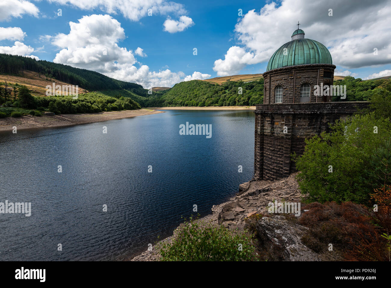 Elan valley reservoirs in a dry and very hot summer time in the welsh ...
