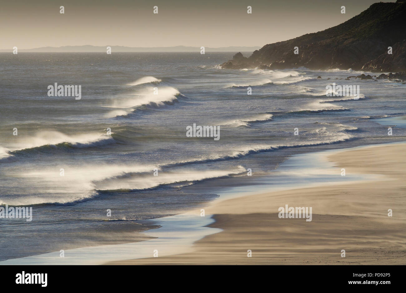 Wind swept waves breaking Stock Photo - Alamy
